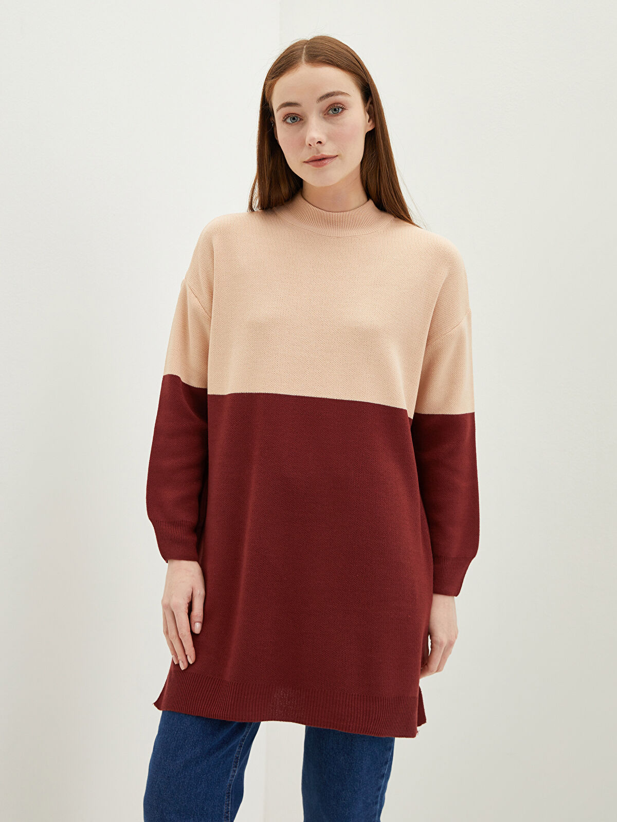 MODEST Dik Yaka Renk Bloklu Uzun Kollu Kadın Triko Tunik