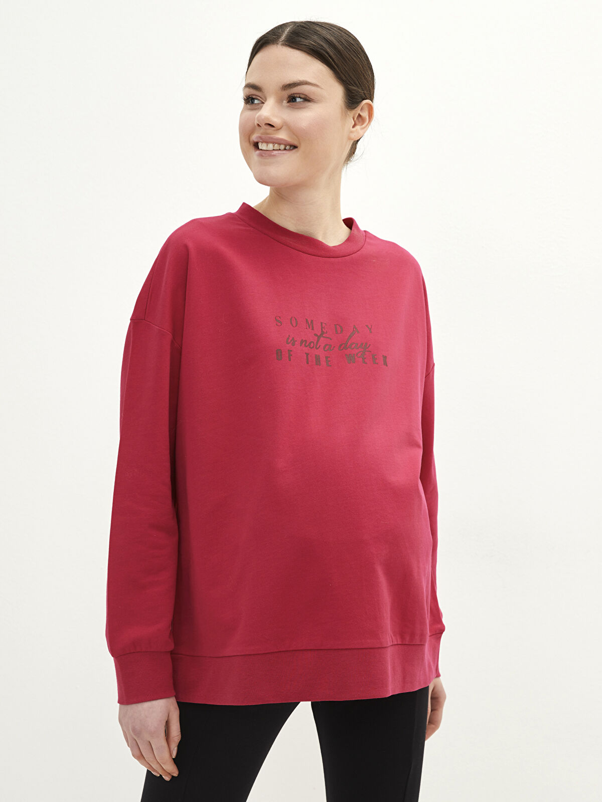 Bisiklet Yaka Yazı Baskılı Uzun Kollu Pamuklu Hamile Sweatshirt