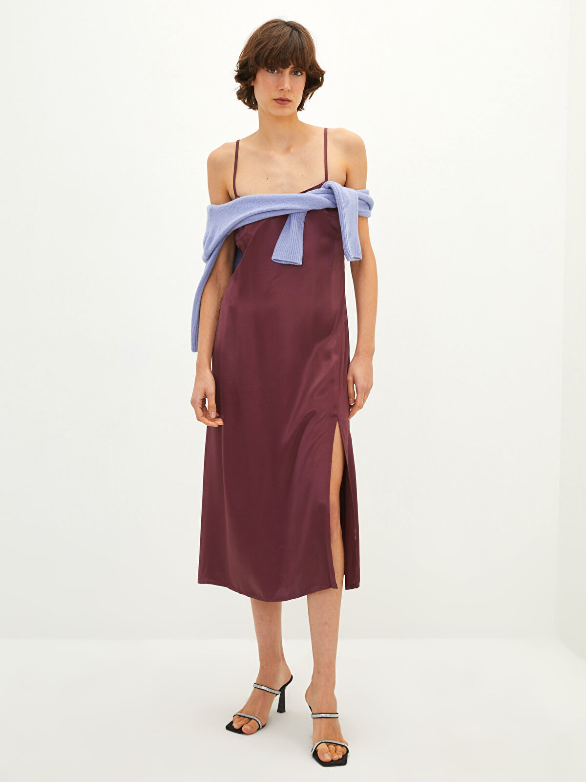 LCW VISION U Yaka Düz Askılı Saten Kadın Elbise