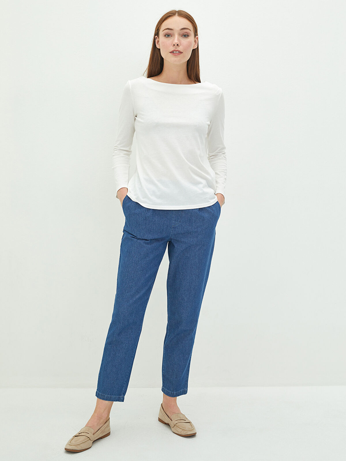 MODEST Beli Lastikli Düz Cep Detaylı Kadın Harem Jean Pantolon