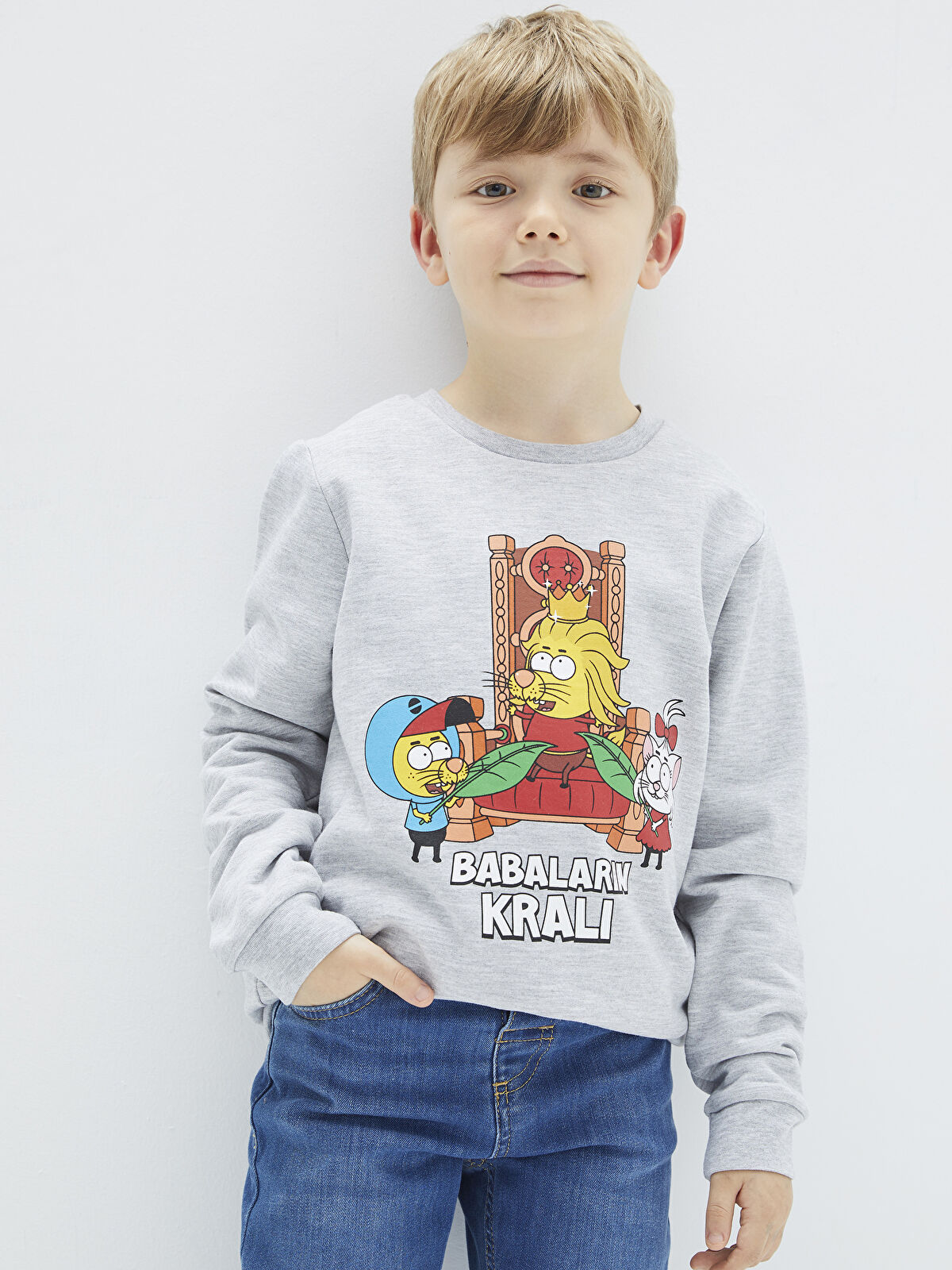 Bisiklet Yaka Kral Şakir Baskılı Uzun Kollu Erkek Çocuk Sweatshirt