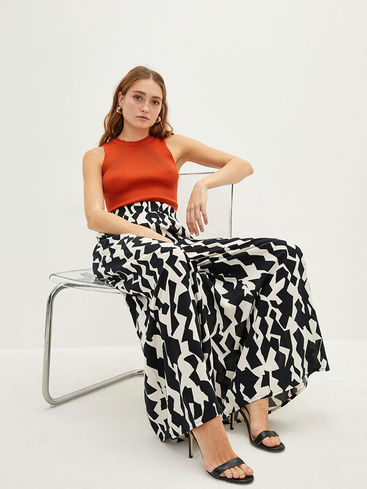 LCW CLASSIC Beli Lastikli Desenli Viskon Kadın Pantolon Etek