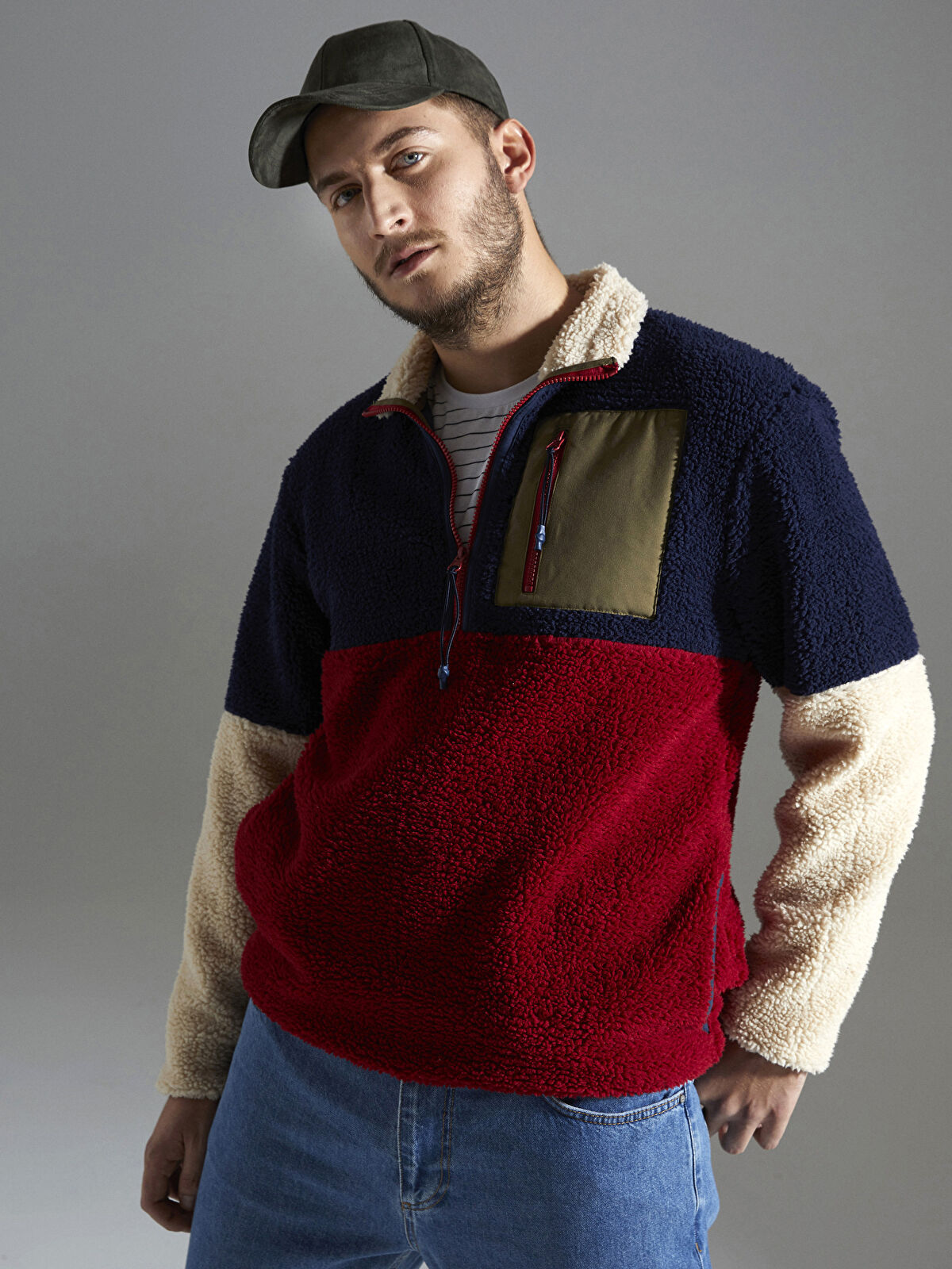 X-SIDE x Berkay Yuvakuran Erkek Sweatshirt - Dik Yaka Uzun Kollu Renk Bloklu Polar