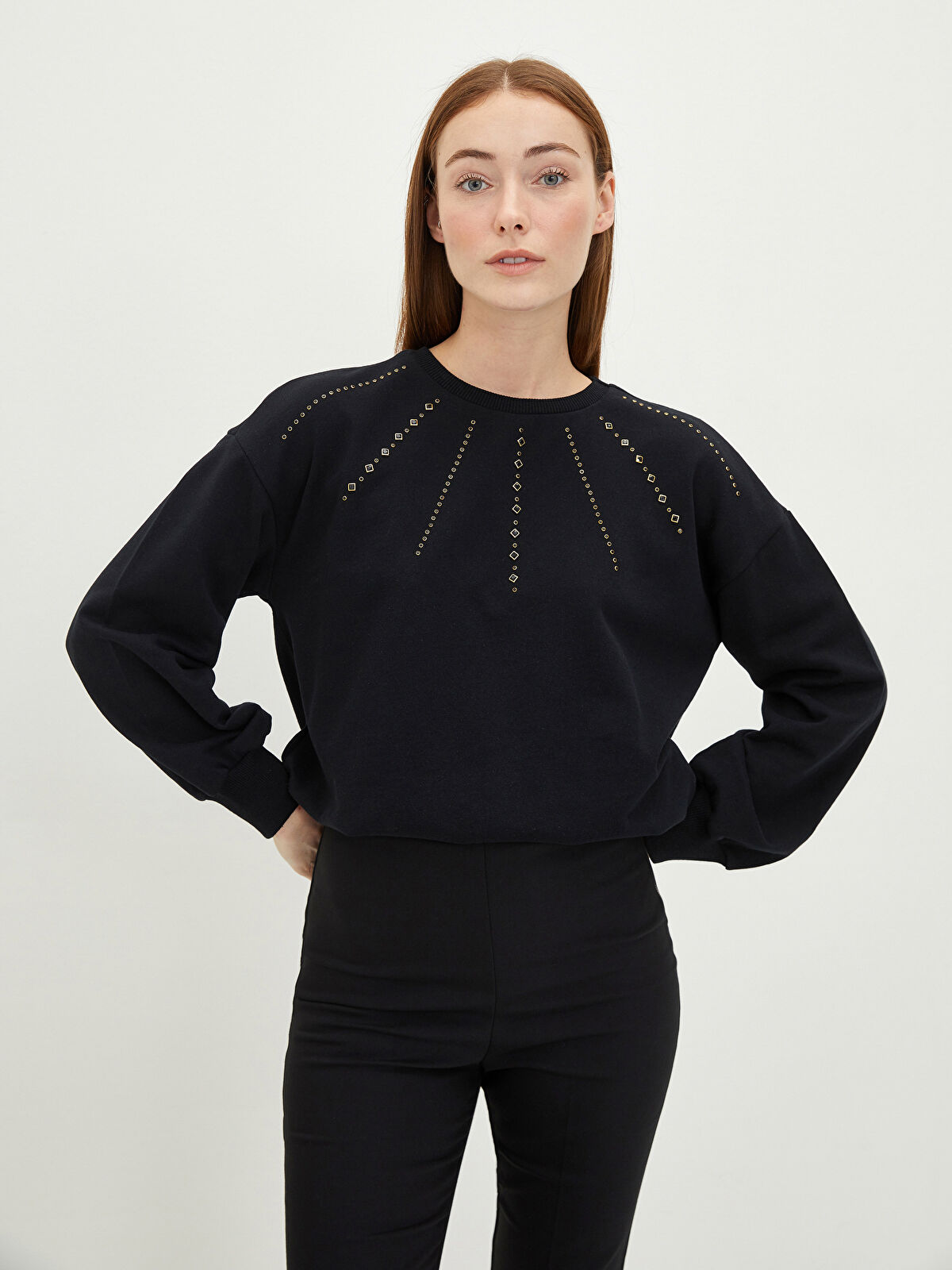 LCW CLASSIC Bisiklet Yaka Nakışlı Uzun Kollu Kadın Sweatshirt