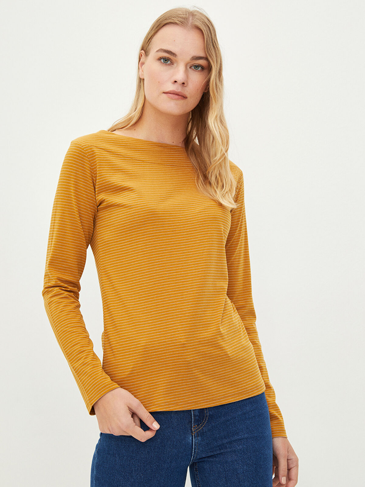 LCW CLASSIC Kayık Yaka Çizgili Uzun Kollu Kadın Tişört
