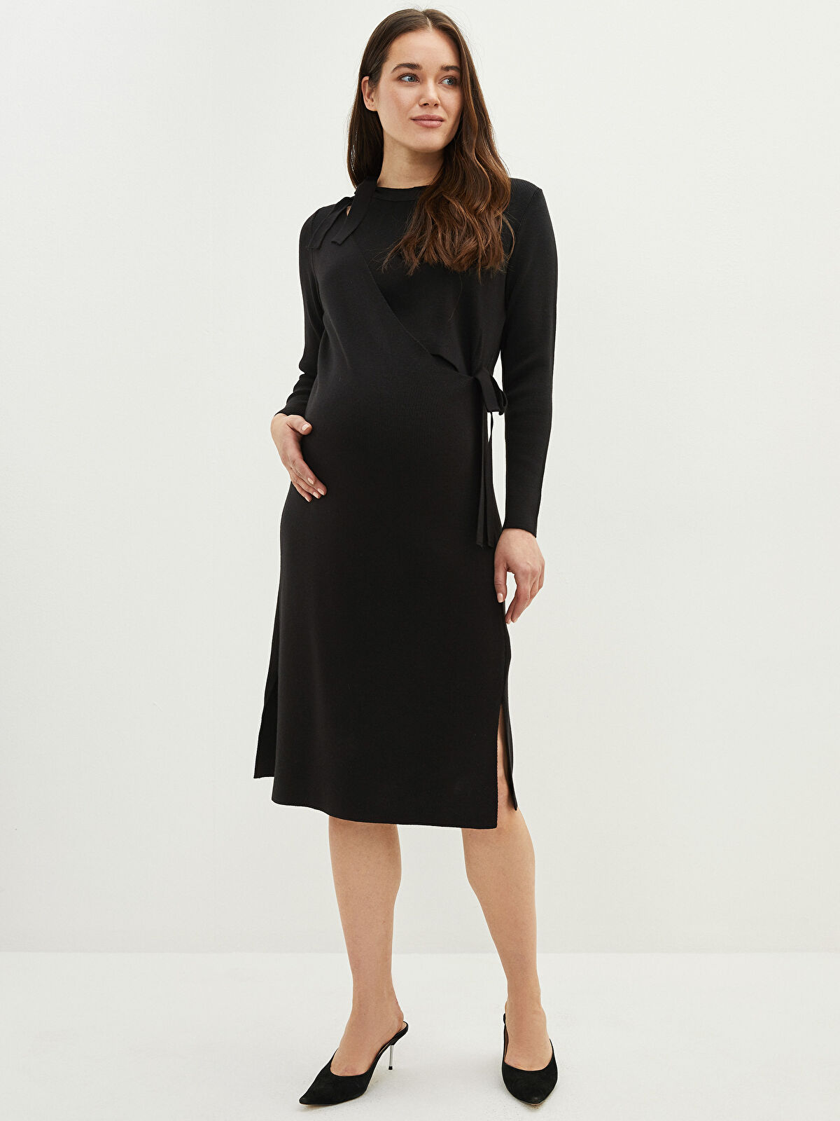 Bisiklet Yaka Düz Uzun Kollu Hamile Triko Elbise
