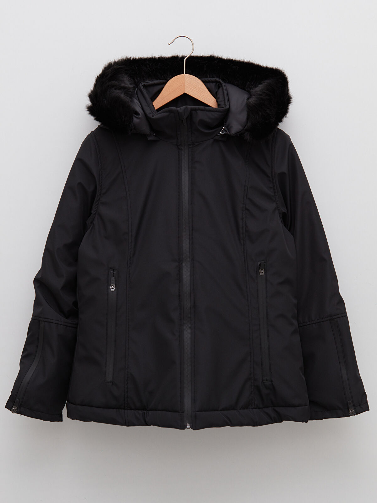 Kapüşonlu Kürk Detaylı Düz Uzun Kollu Kadın Outdoor Kayak Mont