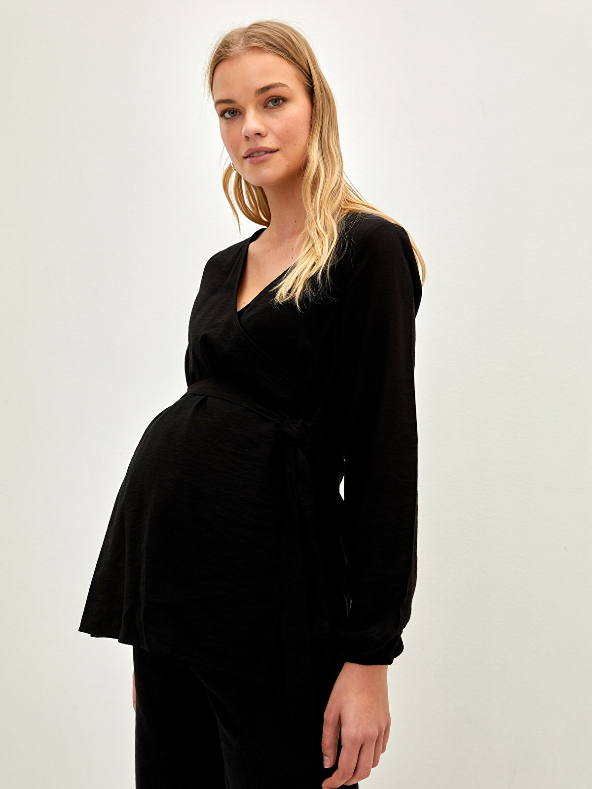 Kruvaze Yaka Düz Uzun Kollu Beli Bağlama Detaylı Hamile Bluz