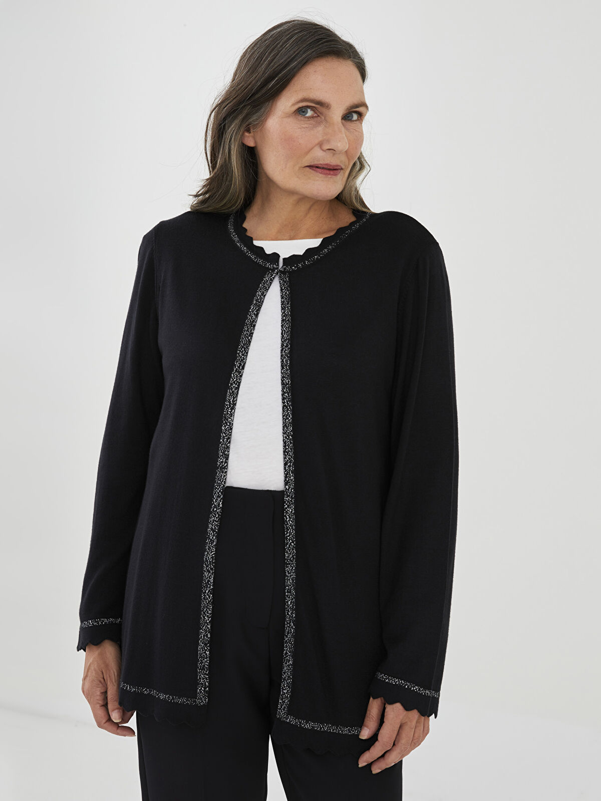 LCW GRACE Bisiklet Yaka Şerit Detaylı Uzun Kollu Kadın Triko Hırka