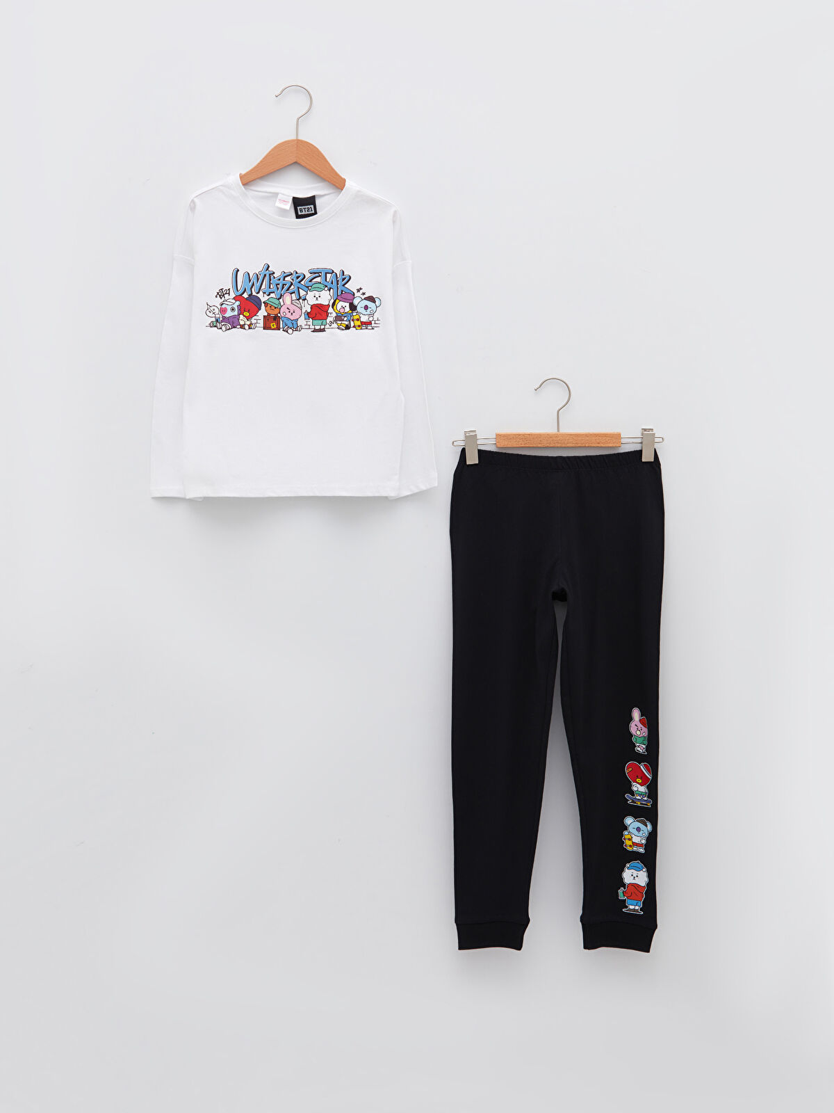 Bisiklet Yaka BT21 Baskılı Uzun Kollu Kız Çocuk Pijama Takımı