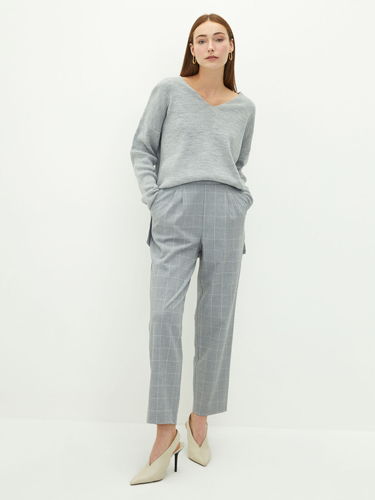 LCW VISION Beli Lastikli Kareli Rahat Kalıp Cep Detaylı Kadın Pantolon