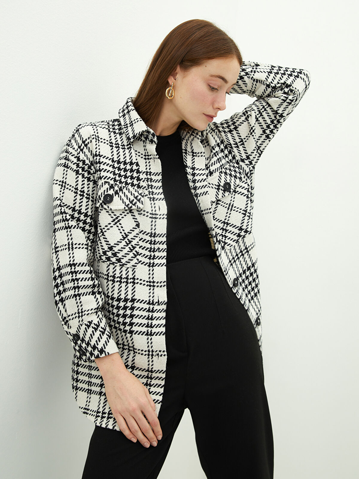 LCW VISION Önden Düğme Kapamalı Ekose Uzun Kollu Cep Detaylı Kadın Gömlek Ceket