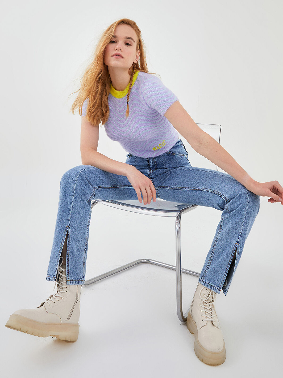 XSIDE Bisiklet Yaka Kendinden Desenli Kısa Kollu Kadın Triko Kazak