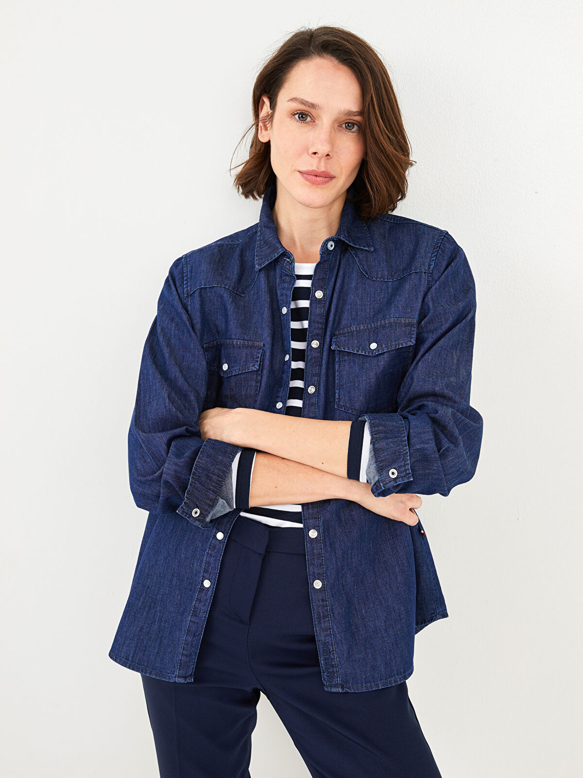 SOUTHBLUE Önden Düğme Kapamalı Düz Uzun Kollu Kadın Jean Gömlek