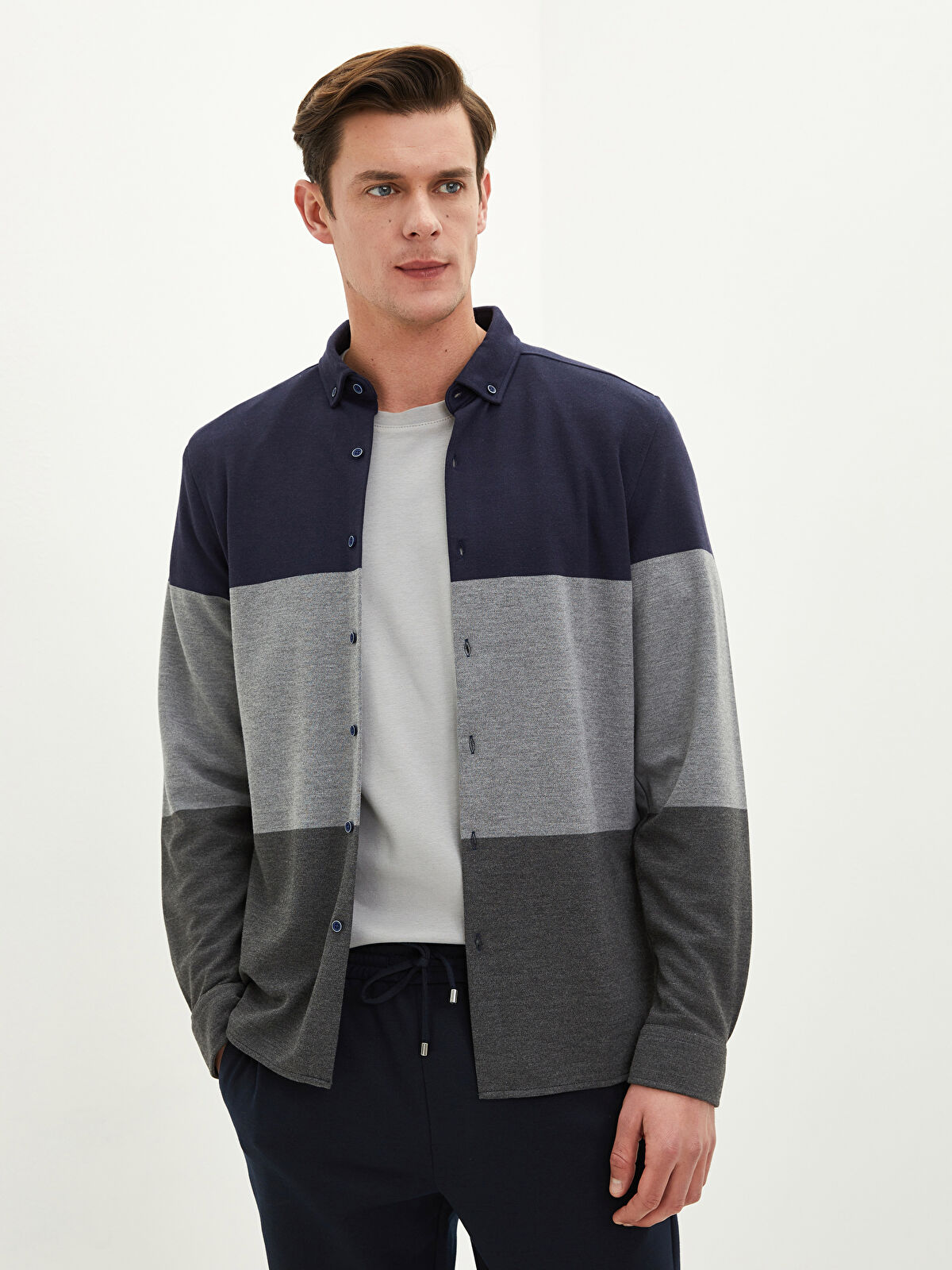 LCW VISION Slim Fit Uzun Kollu Renk Bloklu Erkek Gömlek