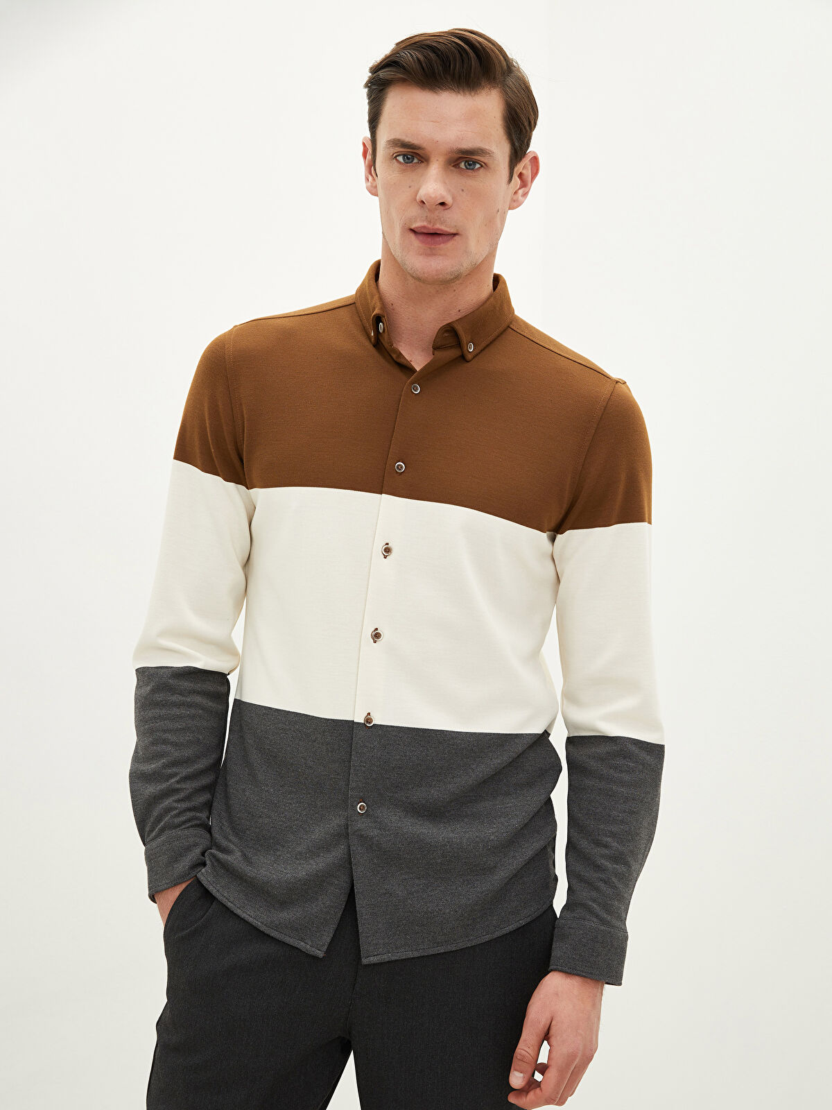 LCW VISION Slim Fit Uzun Kollu Renk Bloklu Erkek Gömlek