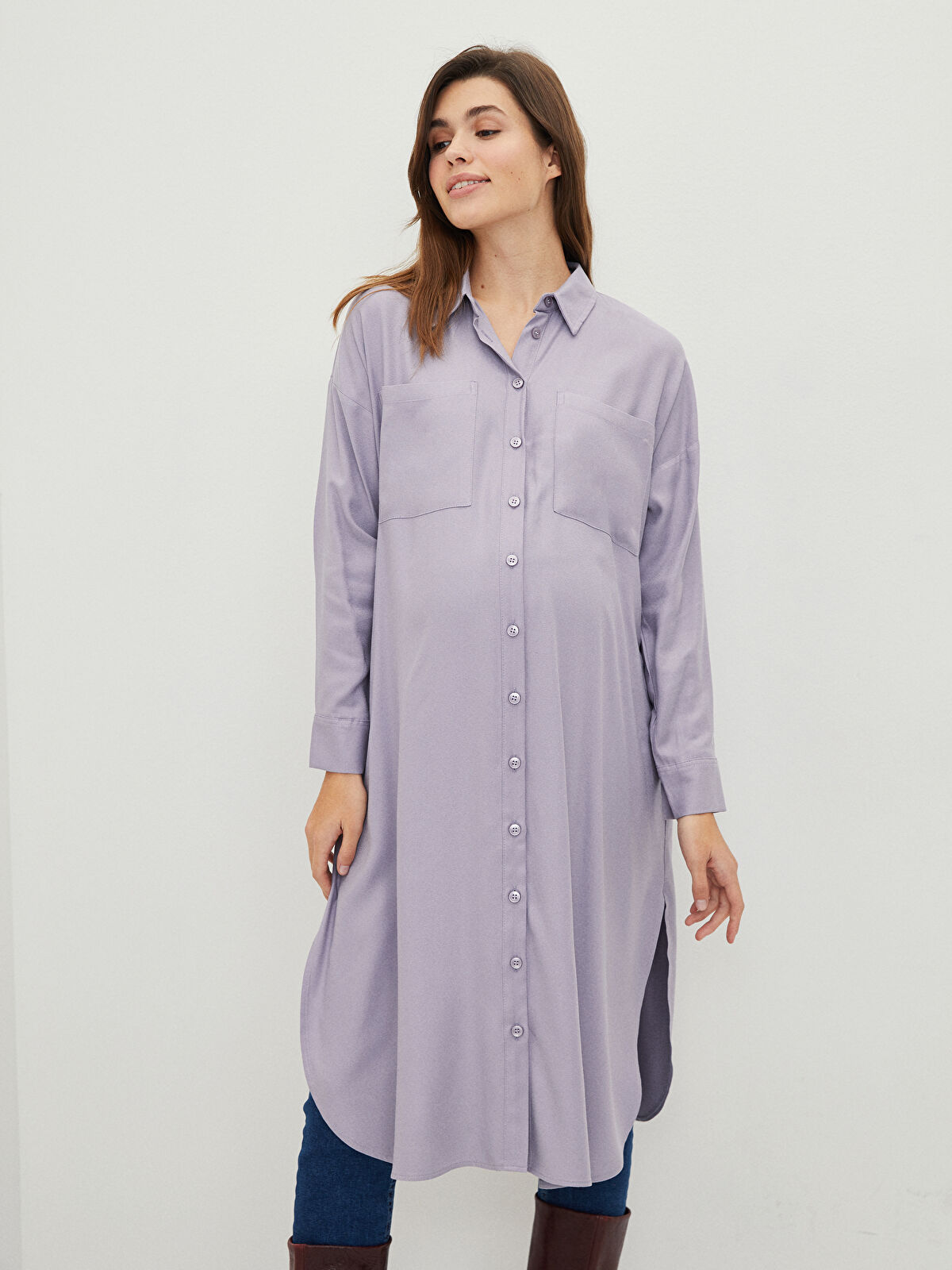 Gömlek Yaka Düz Uzun Kollu Krep Kumaş Hamile Tunik