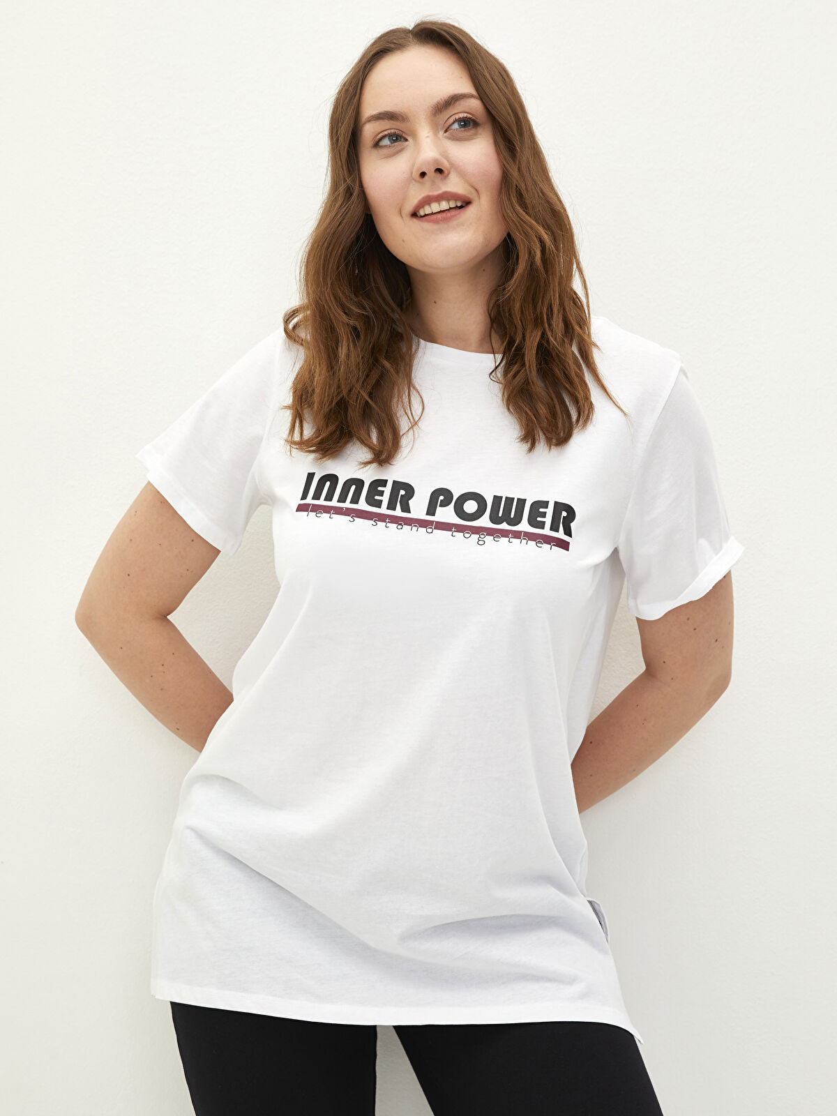 Büyük Beden Bisiklet Yaka Baskılı Kısa Kollu Pamuklu Kadın Tişört