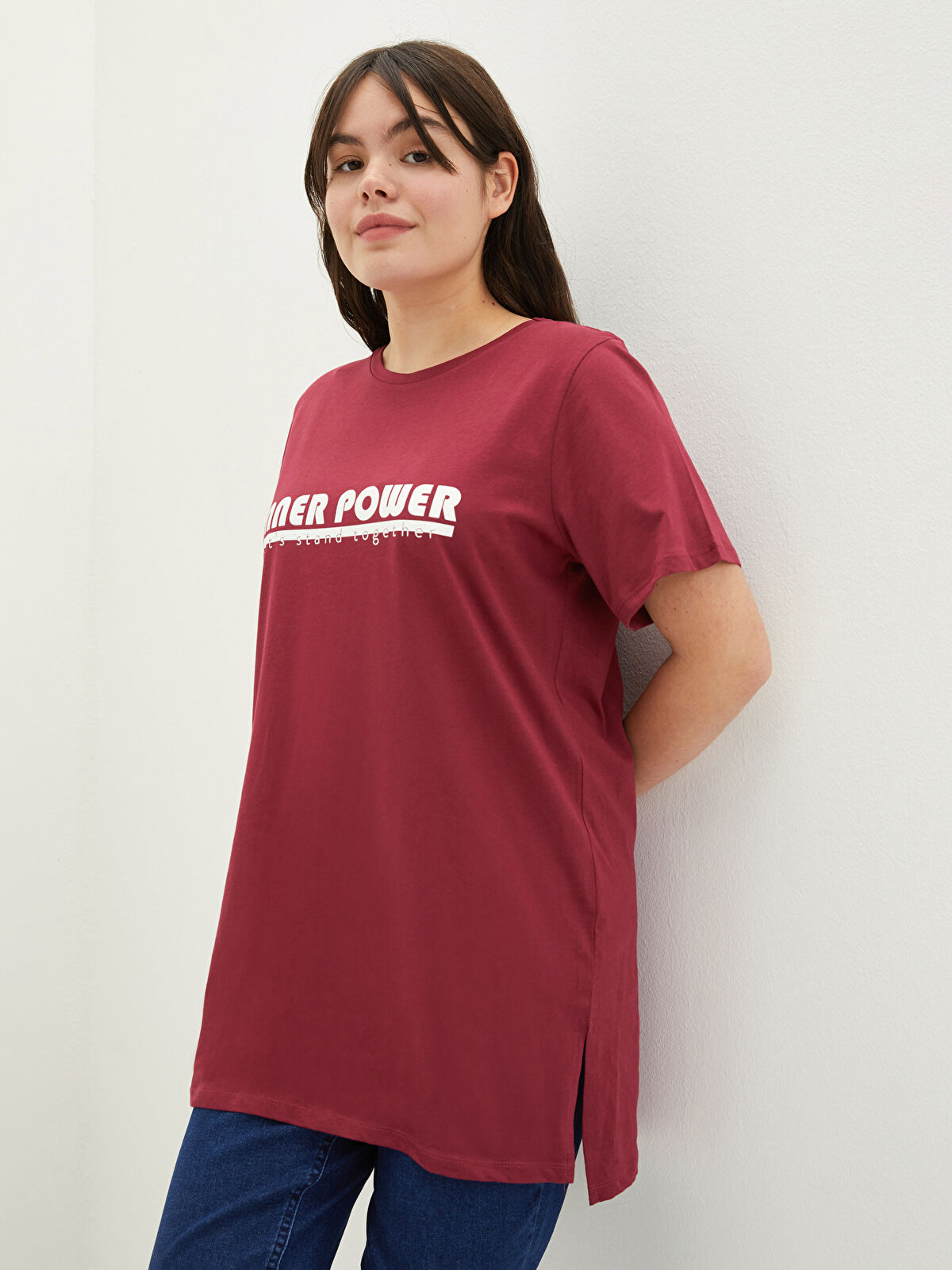 Büyük Beden Bisiklet Yaka Baskılı Kısa Kollu Pamuklu Kadın Tişört