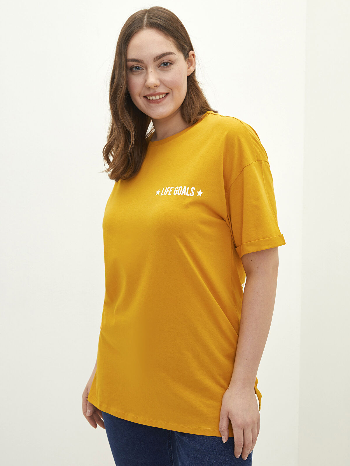 Büyük Beden Bisiklet Yaka Yazı Baskılı Kısa Kollu Pamuklu Kadın Tunik Büyük Beden Bisiklet Yaka Yazı Baskılı Kısa Kollu Pamuklu Kadın Tunik