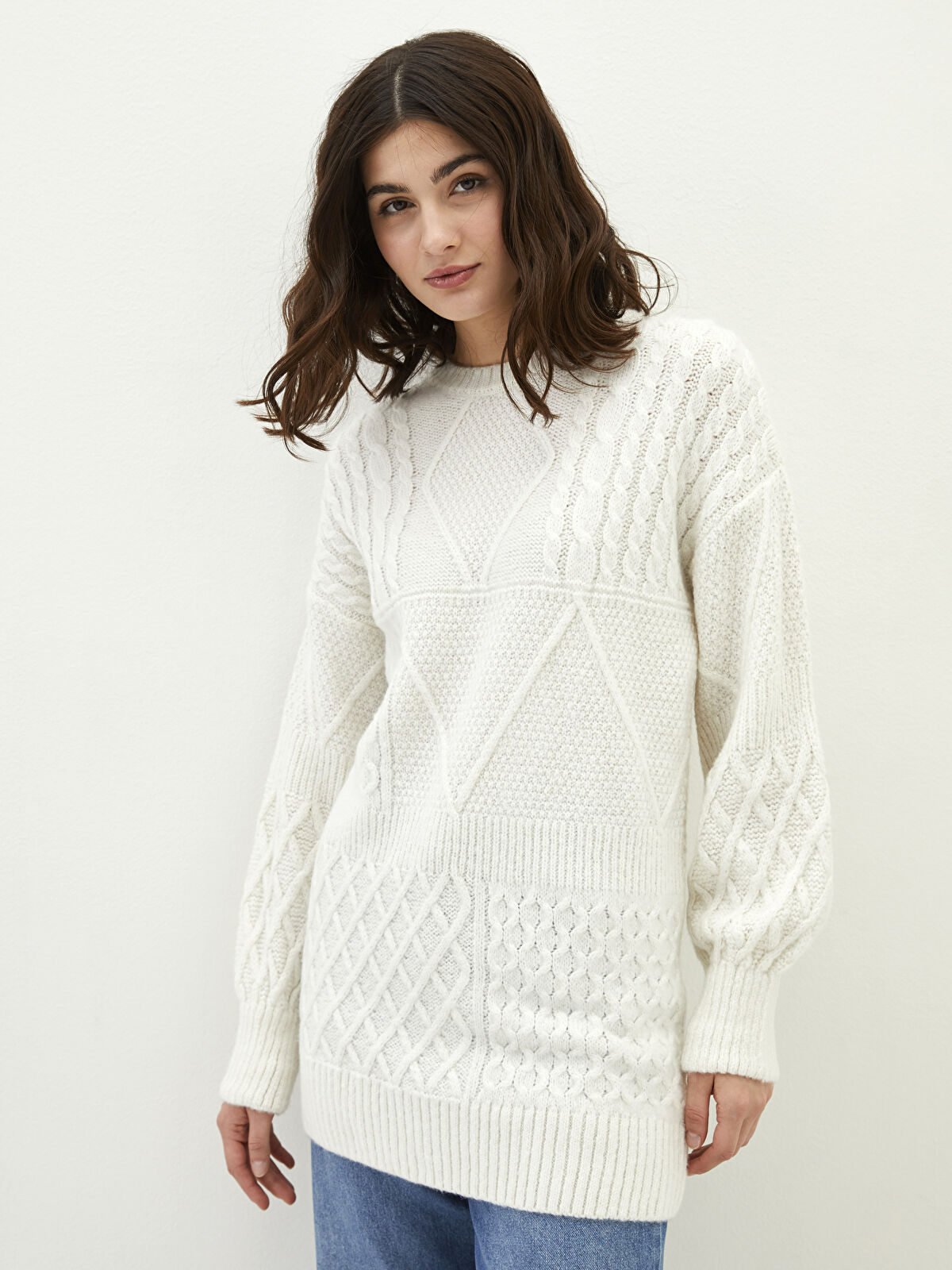 LCW CASUAL Bisiklet Yaka Kendinden Desenli Uzun Kollu Kadın Triko Tunik