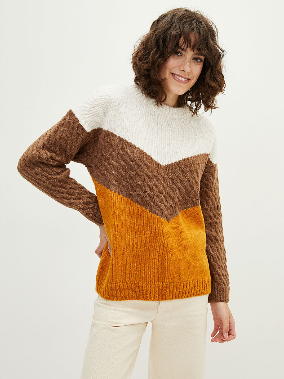 LCW CASUAL Bisiklet Yaka Renk Bloklu Uzun Kollu Kadın Triko Kazak