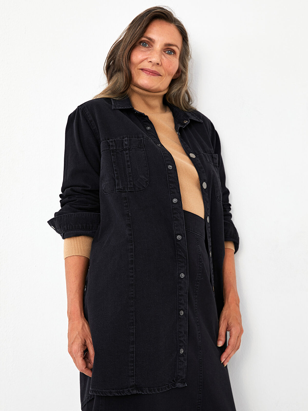 LCW GRACE Gömlek Yaka Düz Uzun Kollu Kadın Rodeo Jean Tunik