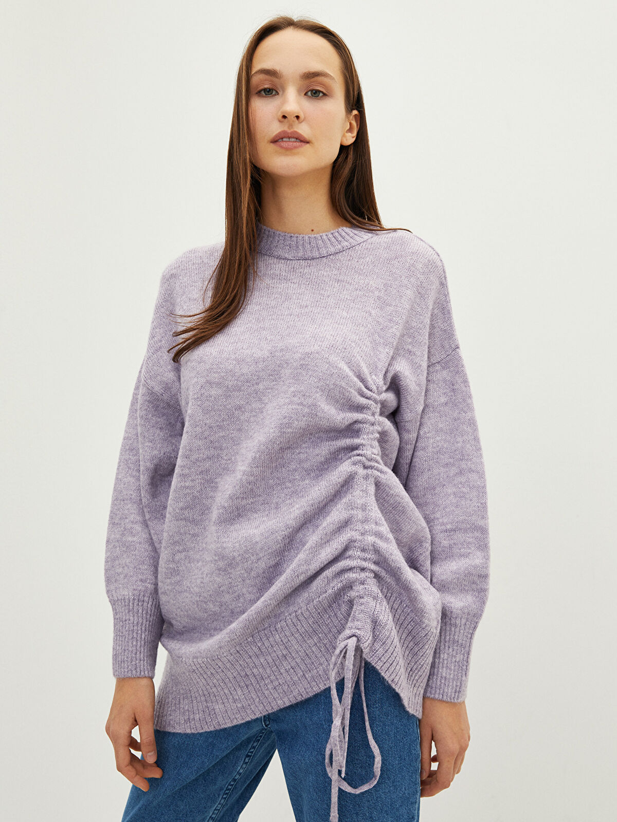 MODEST Bisiklet Yaka Düz Büzgü Detaylı Uzun Kollu Kadın Triko Tunik