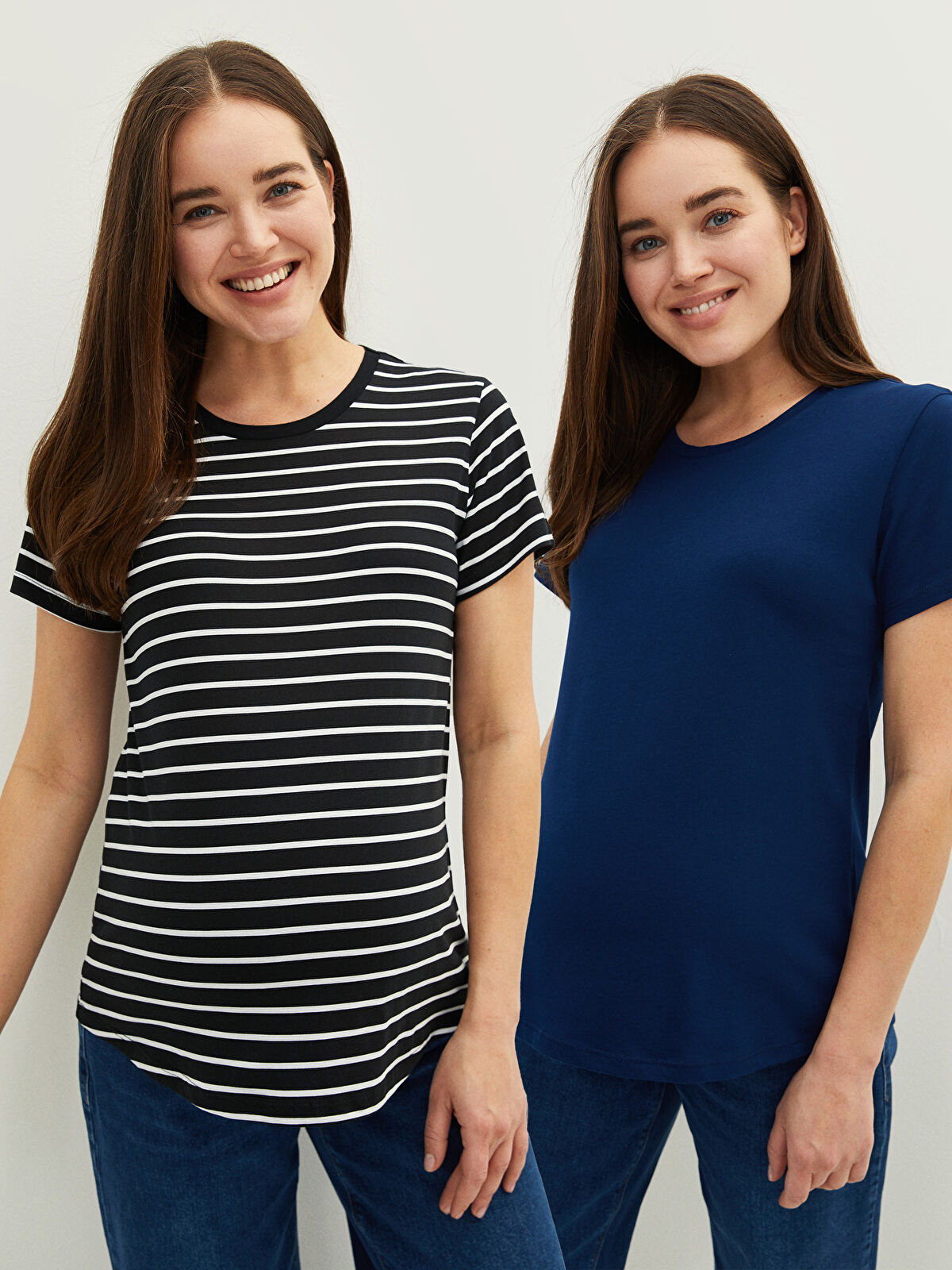 Bisiklet Yaka Çizgili Kısa Kollu Pamuklu Hamile Tişört 2'li