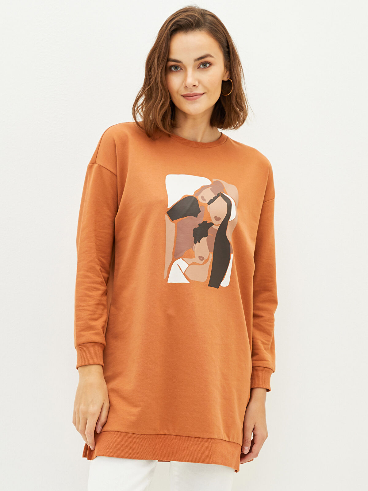 LCW GREEN Bisiklet Yaka Baskılı Uzun Kollu Kadın Tunik