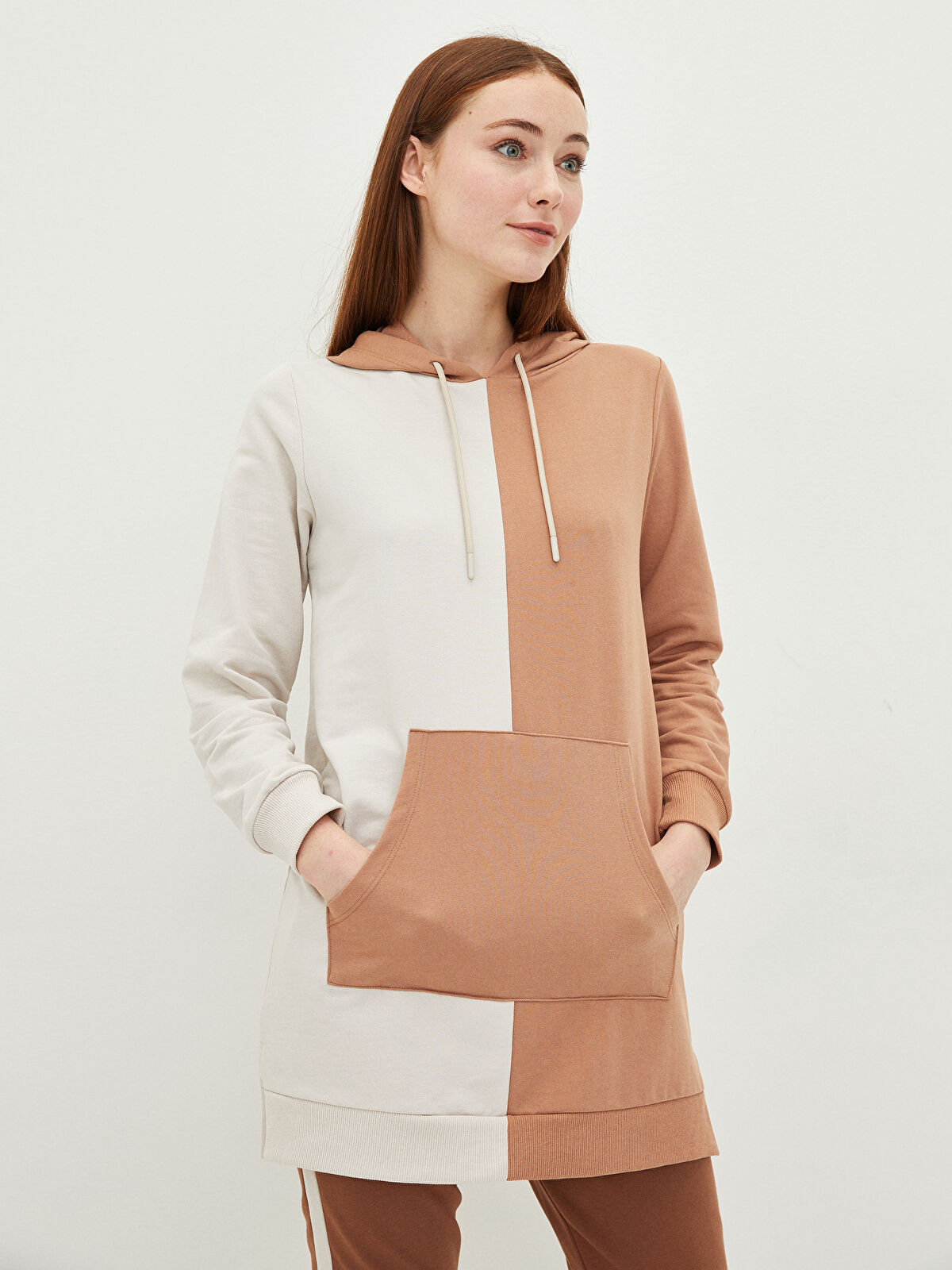 LCW GREEN Kapüşonlu Renk Bloklu Uzun Kollu Kadın Tunik