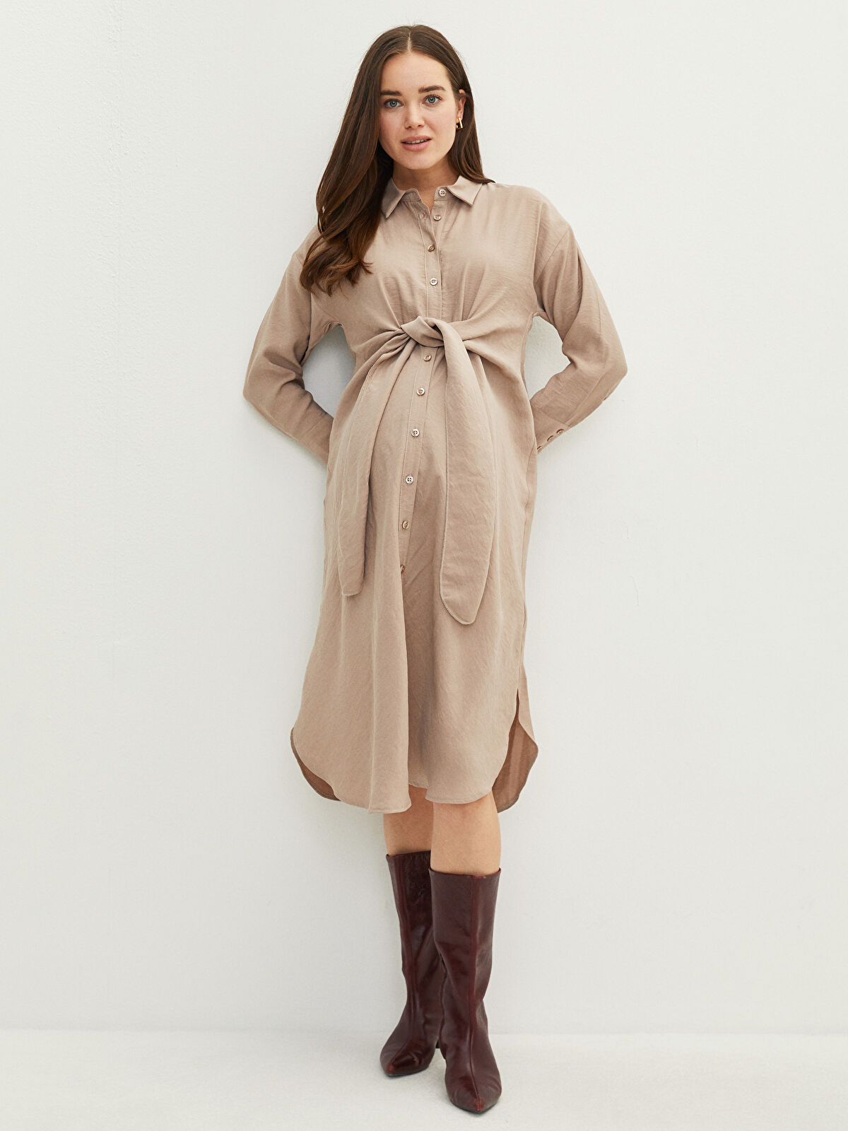 Gömlek Yaka Bağlama Detaylı Uzun Kollu Poplin Hamile Elbise Gömlek Yaka Bağlama Detaylı Uzun Kollu Poplin Hamile Elbise