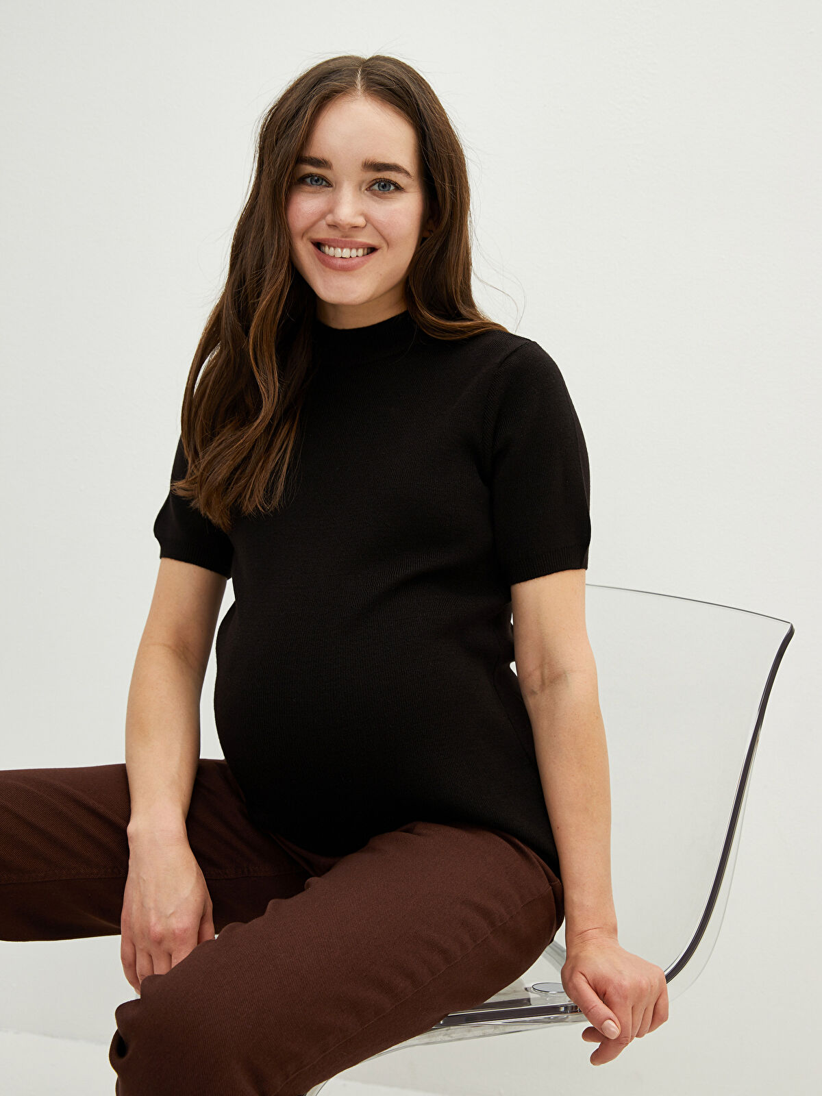 Dik Yaka Düz Kısa Kollu Hamile Triko Kazak