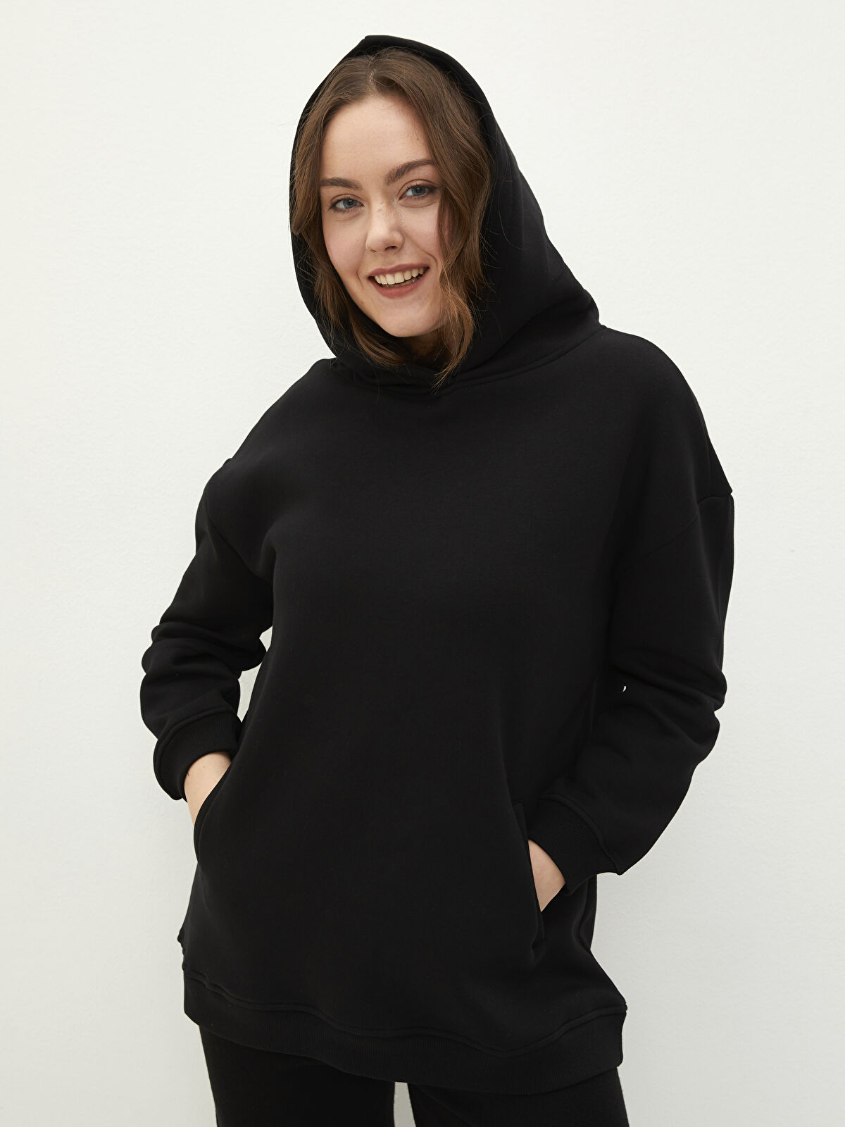 Büyük Beden Kapüşonlu Düz Uzun Kollu Kadın Sweatshirt