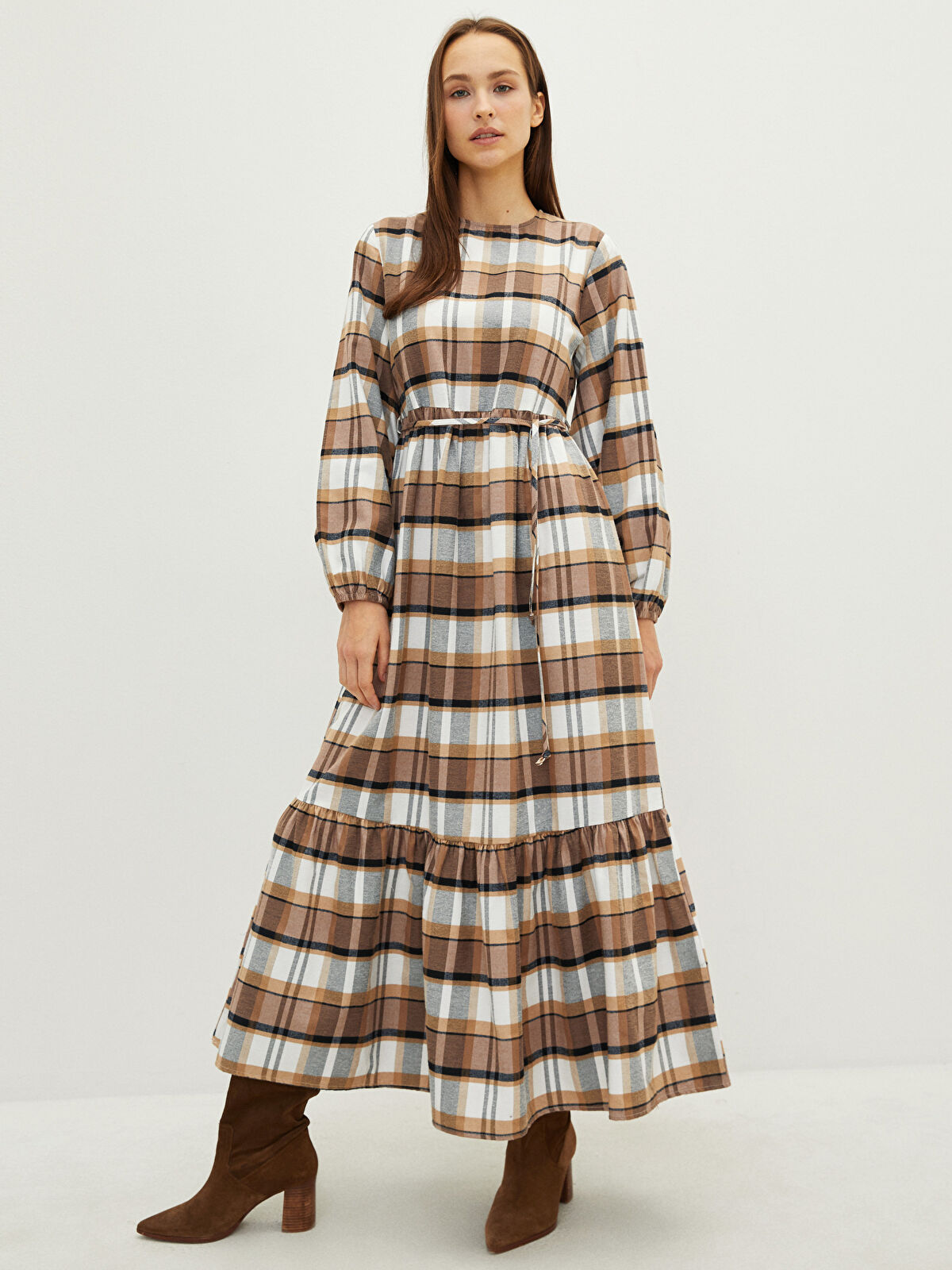 MODEST Bisiklet Yaka Ekose Uzun Kollu Gabardin Kumaş Kadın Elbise