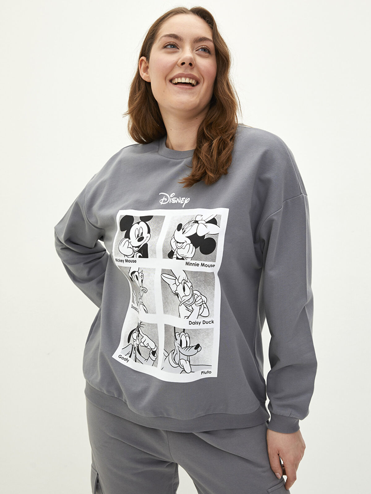 Büyük Beden Bisiklet Yaka Mickey Mouse Baskılı Uzun Kollu Kadın Sweatshirt