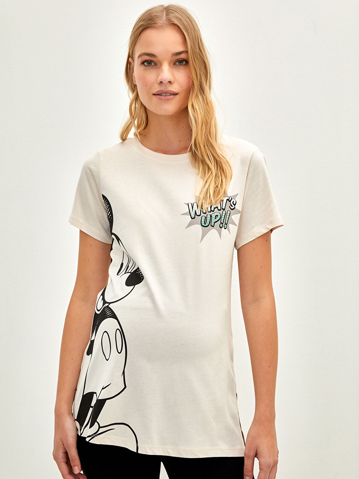 Bisiklet Yaka Mickey Mouse Baskılı Kısa Kollu Pamuklu Hamile Tişört