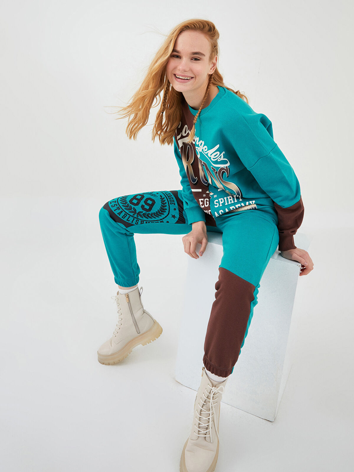 XSIDE Bisiklet Yaka Baskılı Renk Bloklu Uzun Kollu Kadın Sweatshirt