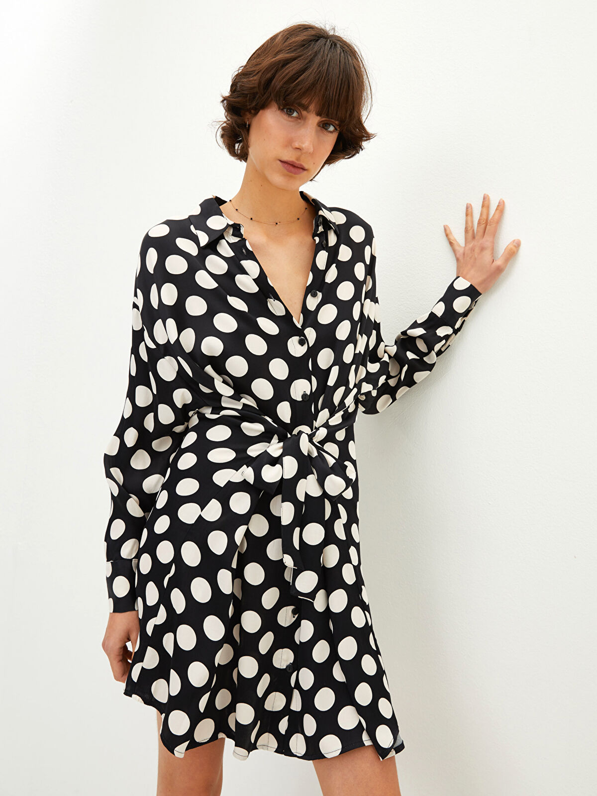 LCW VISION Gömlek Yaka Desenli Uzun Kollu Saten Kadın Elbise