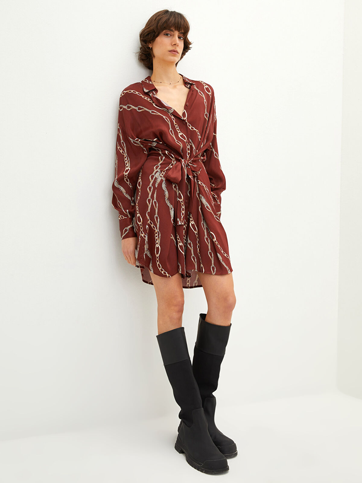 LCW VISION Gömlek Yaka Desenli Uzun Kollu Saten Kadın Elbise