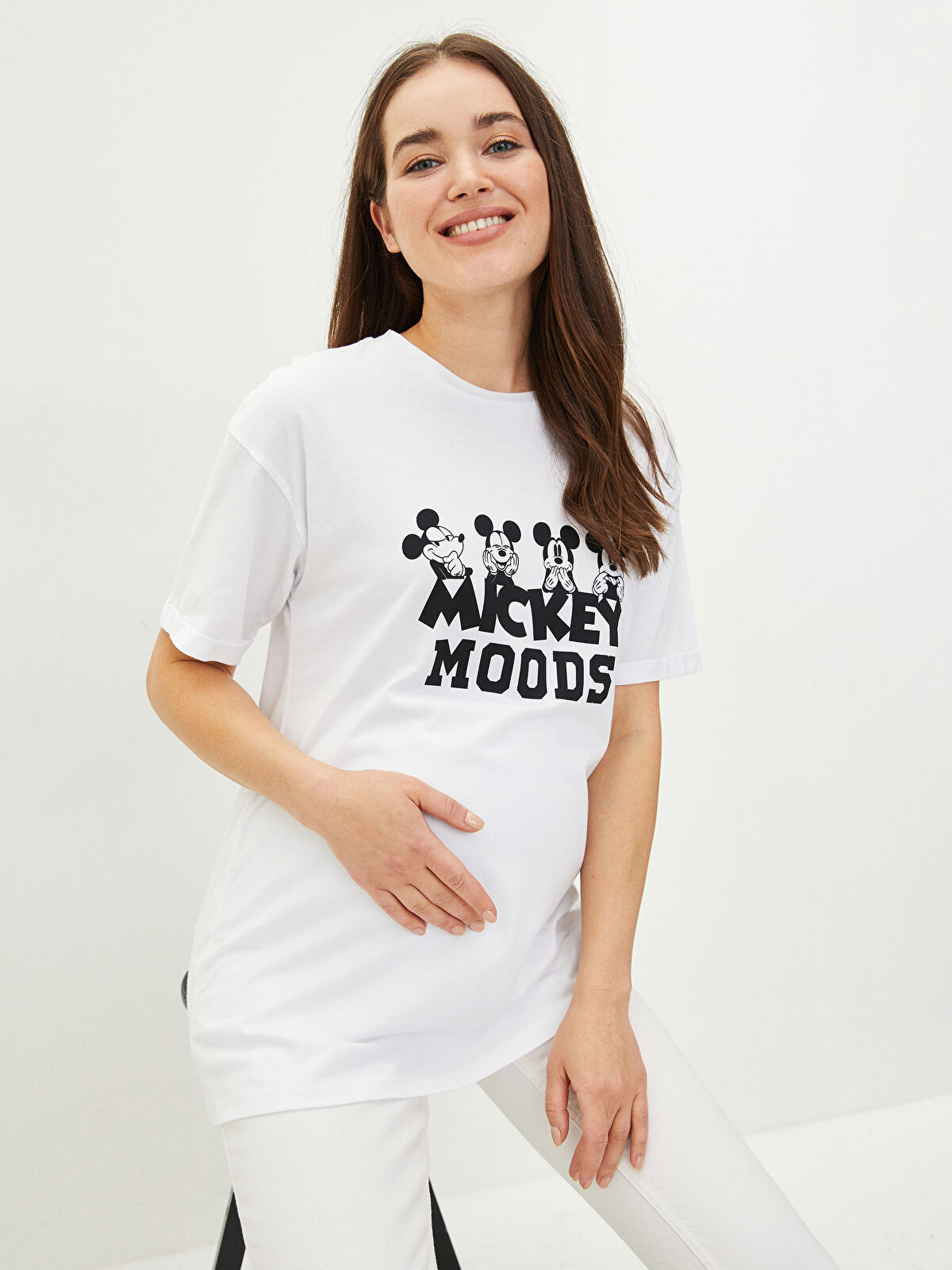 Bisiklet Yaka Mickey Mouse Baskılı Kısa Kollu Pamuklu Hamile Tişört