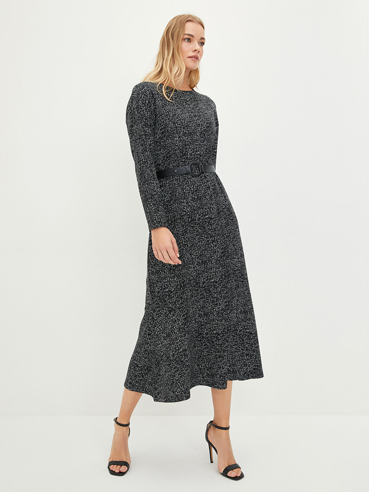 LCW CLASSIC Bisiklet Yaka Desenli Uzun Kollu Ponte Kumaş Kadın Elbise