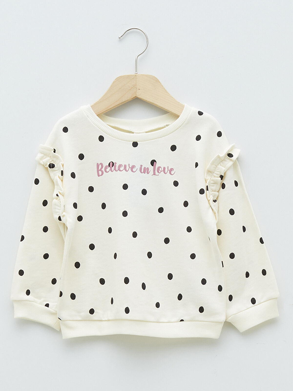 Bisiklet Yaka Uzun Kollu Puantiye Desenli Pamuklu Kız Bebek Sweatshirt