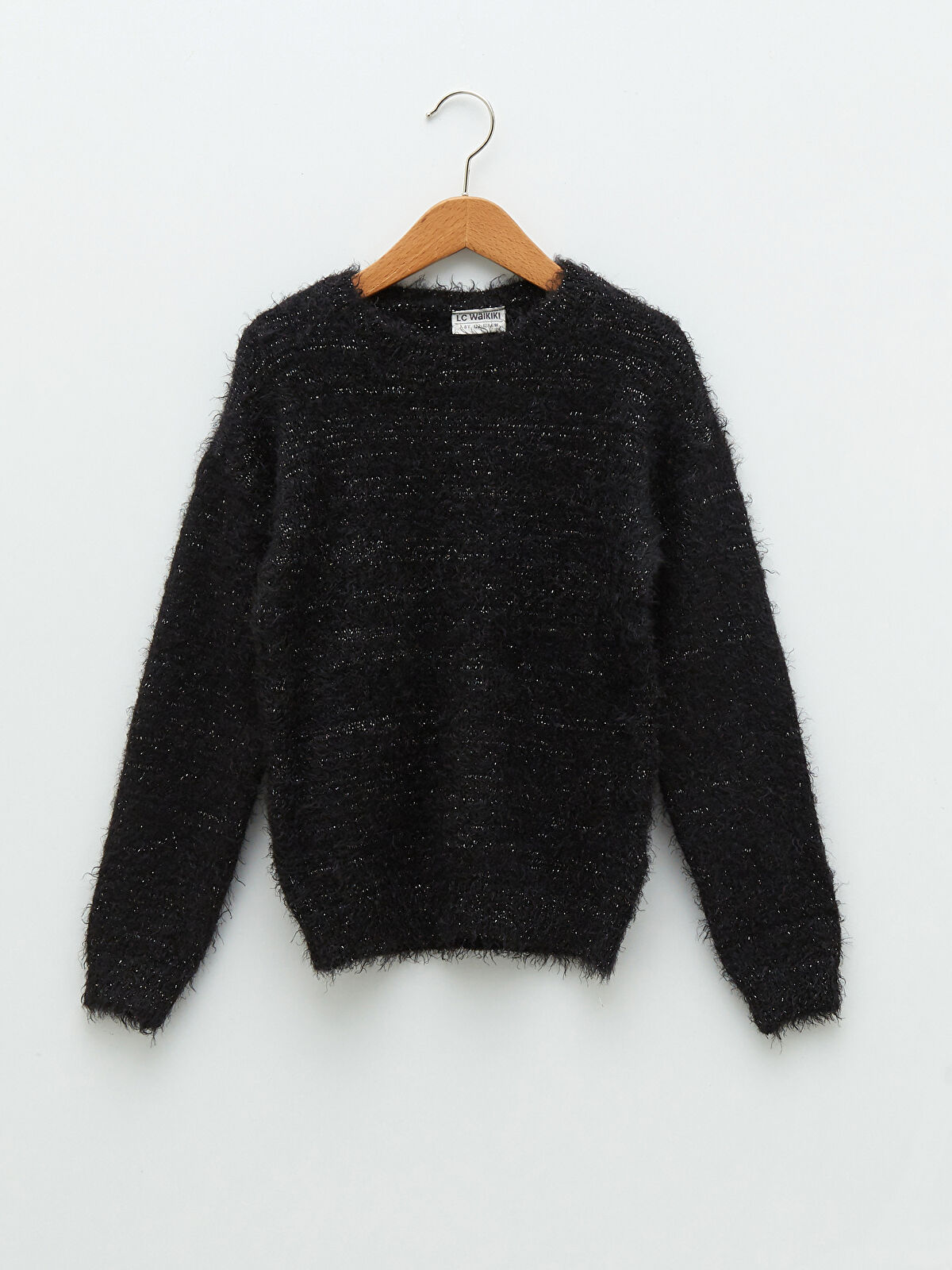 Bisiklet Yaka Işıltılı Uzun Kollu Kız Çocuk Triko Kazak