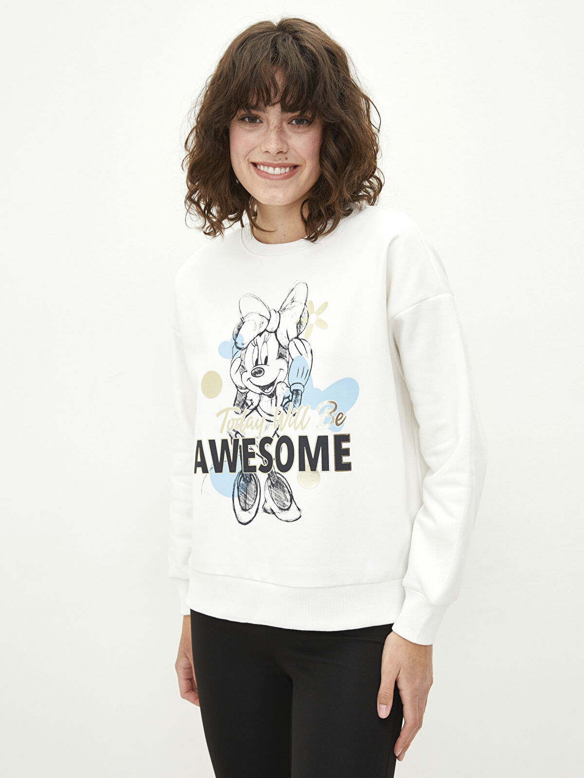 LCW CASUAL Bisiklet Yaka Minnie Mouse Baskılı Uzun Kollu Kadın Sweatshirt