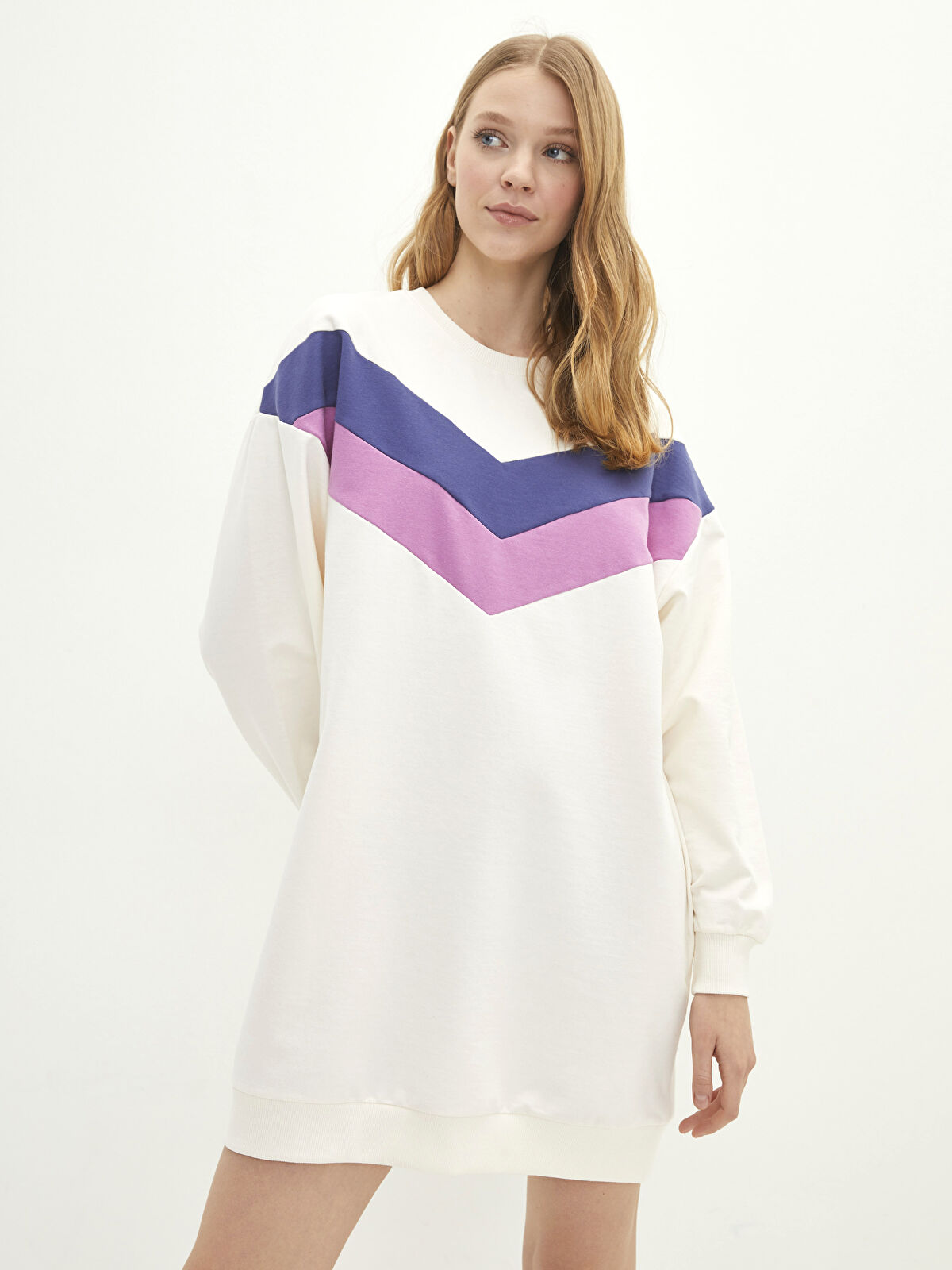 LCW CASUAL Bisiklet Yaka Renk Bloklu Uzun Kollu Kadın Elbise