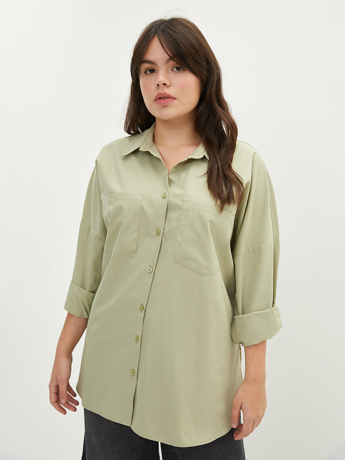 Büyük Beden Gömlek Yaka Düz Uzun Kollu Kadın Tunik