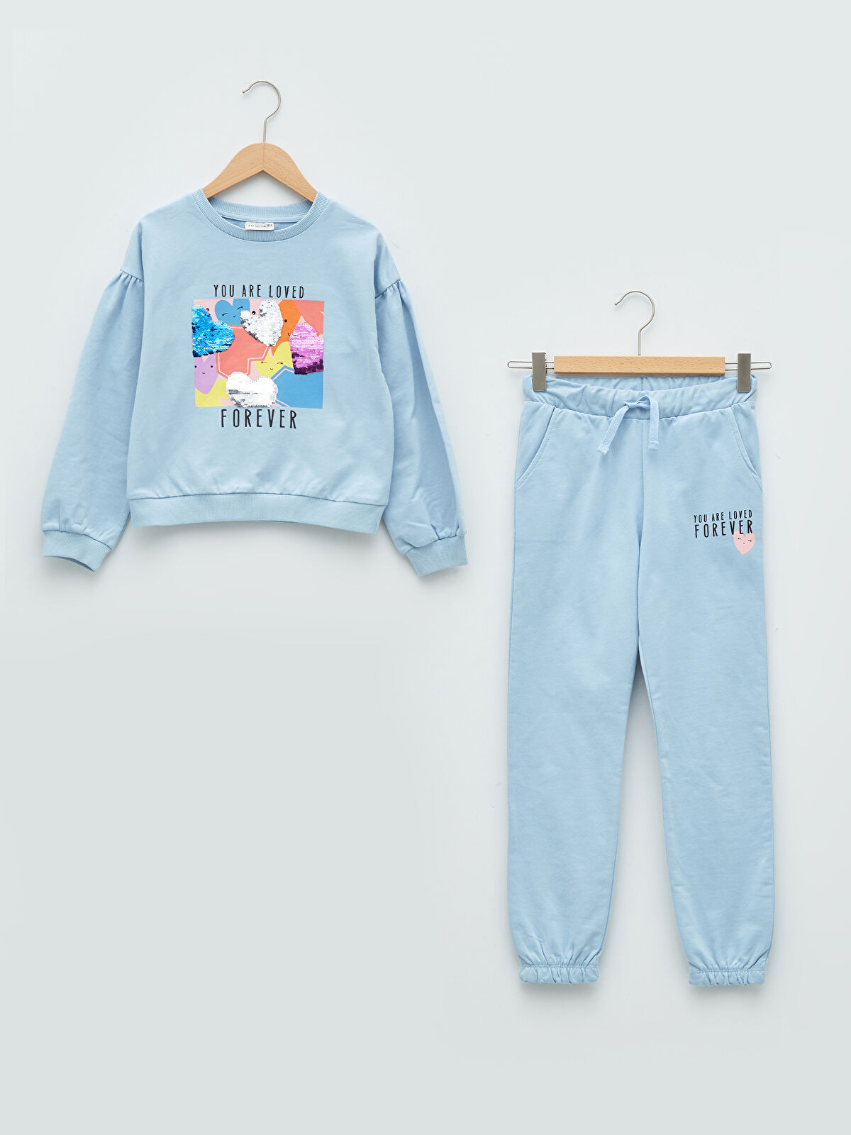 Bisiklet Yaka Baskılı Uzun Kollu Oversize Kız Çocuk Sweatshirt ve Eşofman Altı