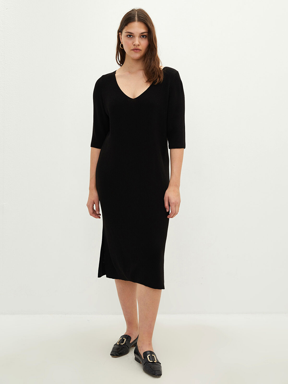 Büyük Beden V Yaka Düz Kadın Triko Elbise