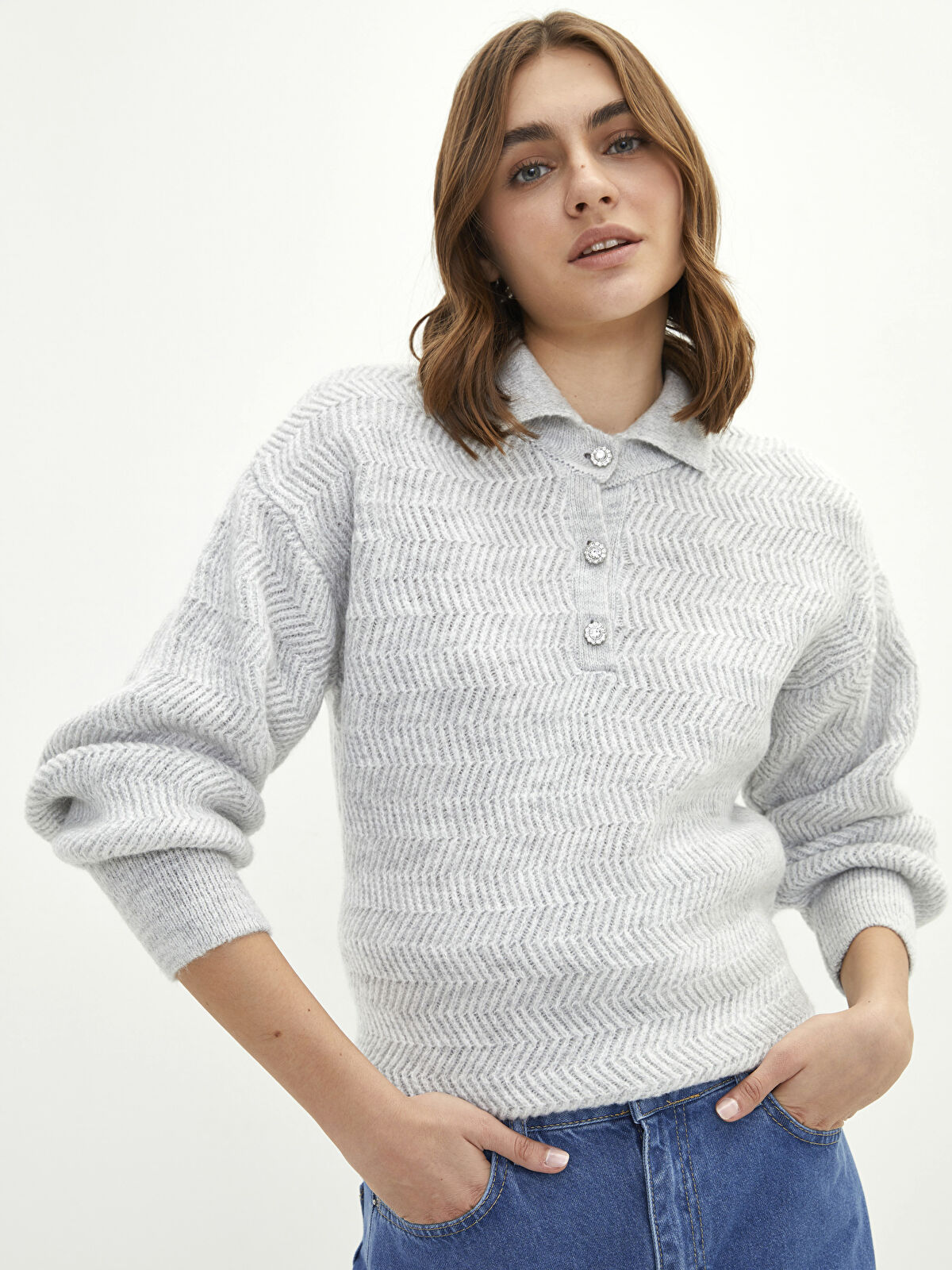 LCW CLASSIC Gömlek Yaka Kendinden Desenli Uzun Kollu Kadın Triko Tunik